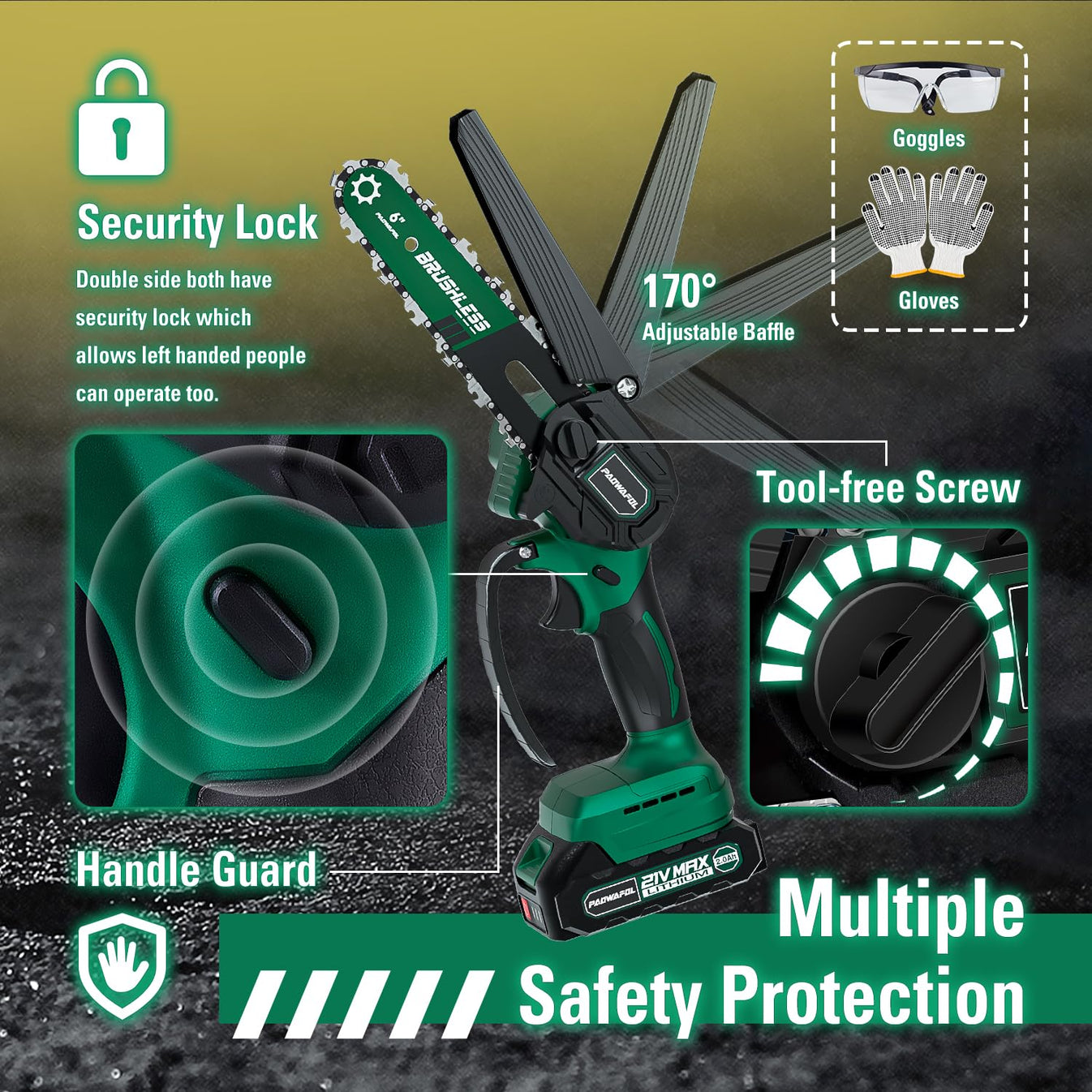 Mini Chainsaw Brushless 6 Inch Cordless-2 Batteries Powered Chain Saw ...